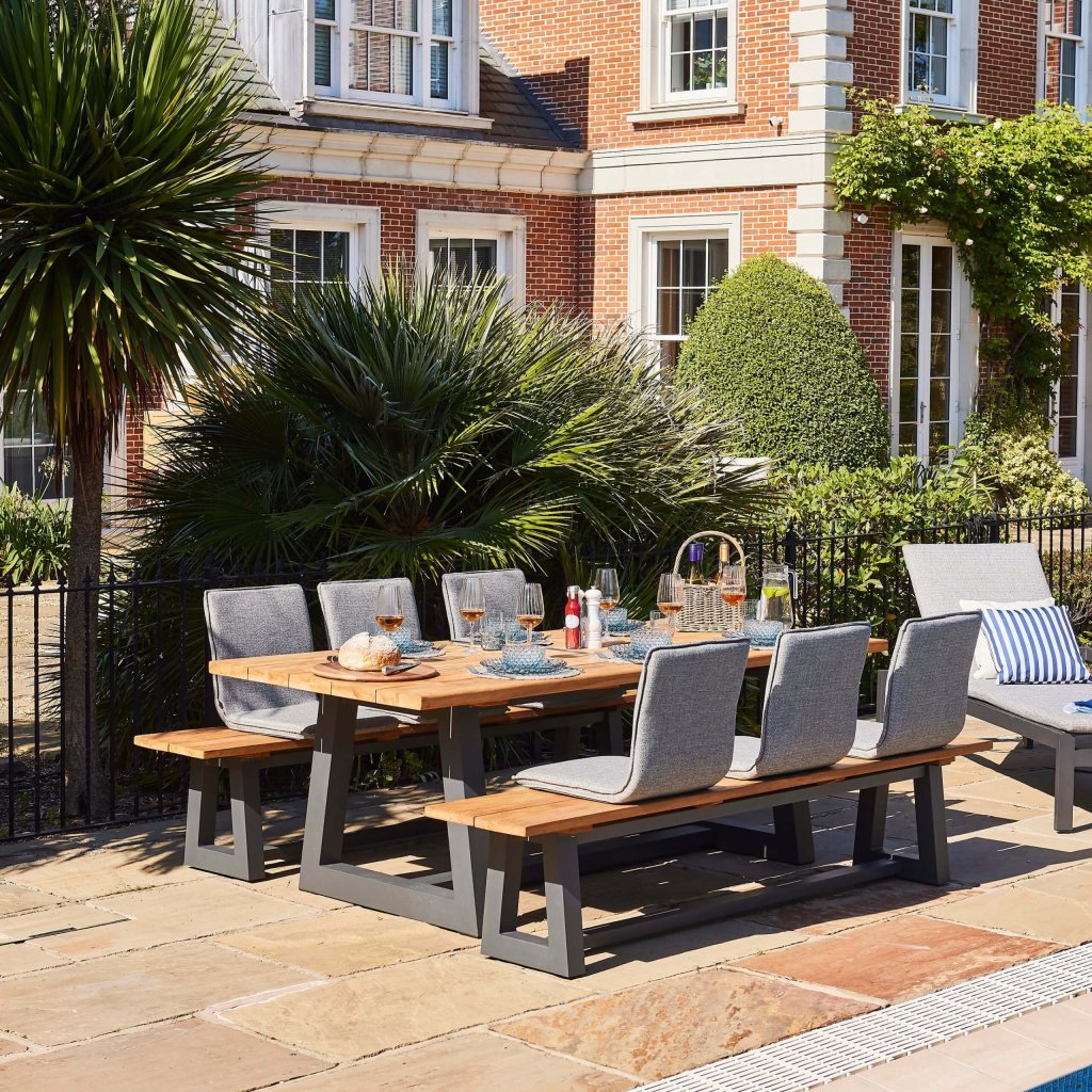 Luxury Wooden & Aluminium Outdoor Dining Table & Bench | Suns Lifestyle